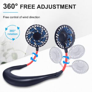 OumuEle Portable Neck Fan Rechargeable Personal Fan with 3 Level Air Flow, 360 Degree Free Rotation Wearable Neckband Fan with 7 Colorful LED for Travel Sports Home Office (Blue)