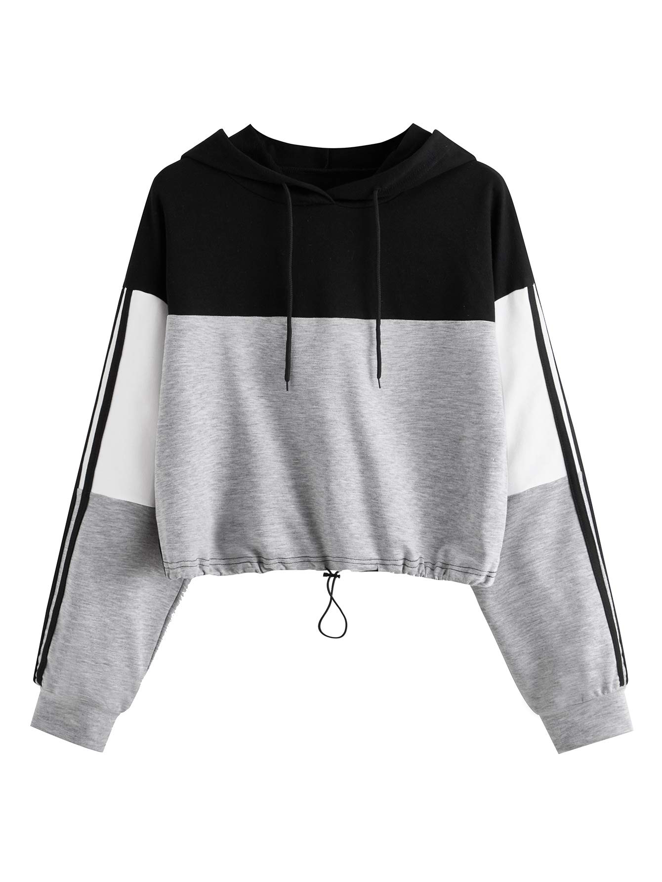 SweatyRocks Women's Casual Long Sleeve Colorblock Pullover Hoodie Sweatshirt Crop Top Black Grey X-Small