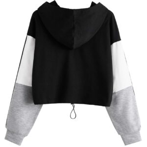 SweatyRocks Women's Casual Long Sleeve Colorblock Pullover Hoodie Sweatshirt Crop Top Black Grey X-Small