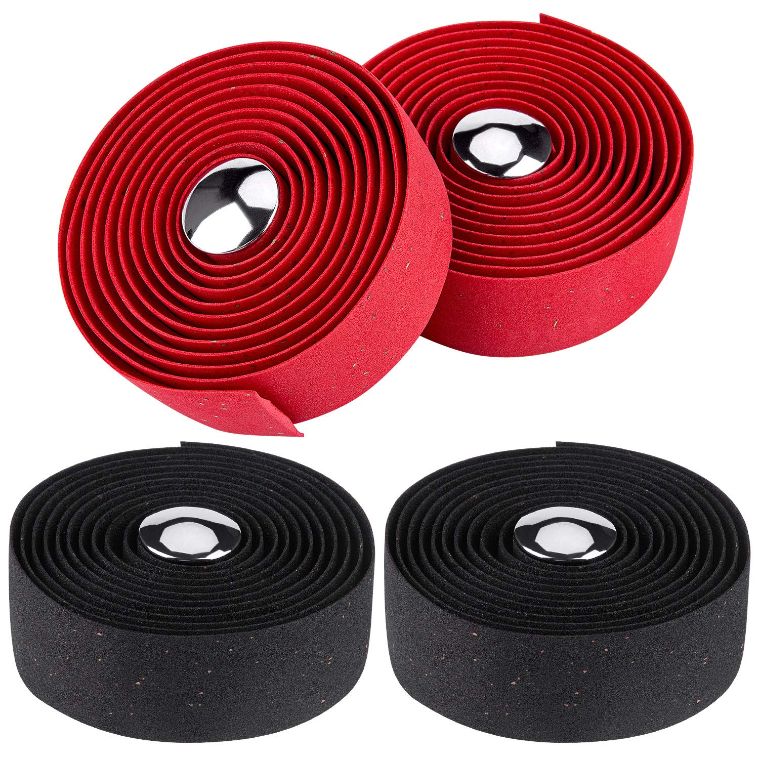 Awpeye Bicycle Handlebar Tape Cork Bar Tape with End Plugs for Road Bike and Cycling - 4 Rolls (Black, Red)