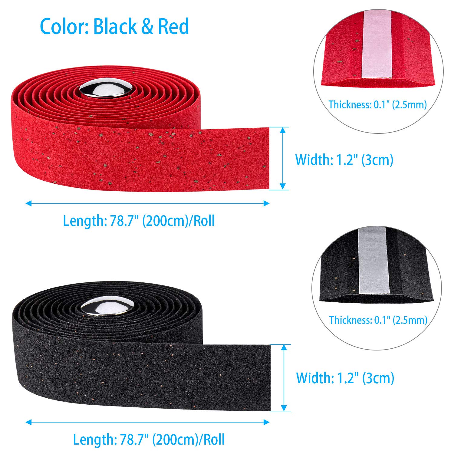 Awpeye Bicycle Handlebar Tape Cork Bar Tape with End Plugs for Road Bike and Cycling - 4 Rolls (Black, Red)