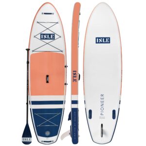 isle pioneer inflatable stand up paddleboard & isup bundle accessories & backpack — wide stance, durable, lightweight — 285 lbs capacity (coral pink, 10'6" x 34" x 6")