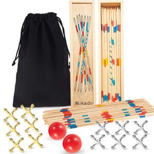 2 sets jacks game toys wooden pickup sticks game with box include 2 pieces red rubber balls and 20 pieces metal jacks for christmas retro party favors