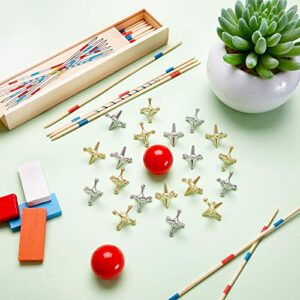 2 Sets Jacks Game Toys Wooden Pickup Sticks Game with Box Include 2 Pieces Red Rubber Balls and 20 Pieces Metal Jacks for Christmas Retro Party Favors