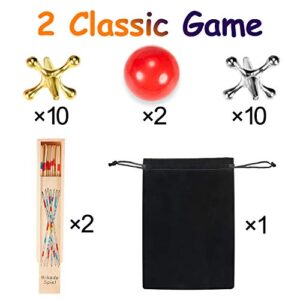 2 Sets Jacks Game Toys Wooden Pickup Sticks Game with Box Include 2 Pieces Red Rubber Balls and 20 Pieces Metal Jacks for Christmas Retro Party Favors