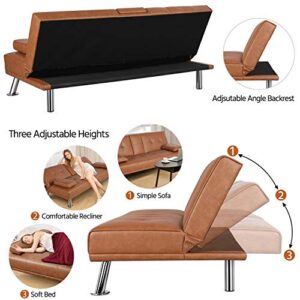 Topeakmart Adjustable Faux Leather Sofa Futon Modern Sofa Bed Convertible Sofa Couch Sleeper with Armrest Recliner Couch Home Furniture Brown