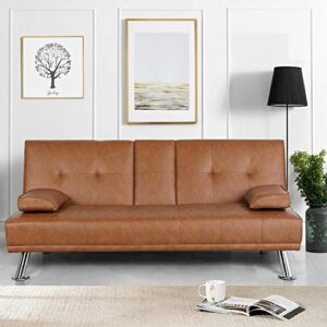 Topeakmart Adjustable Faux Leather Sofa Futon Modern Sofa Bed Convertible Sofa Couch Sleeper with Armrest Recliner Couch Home Furniture Brown