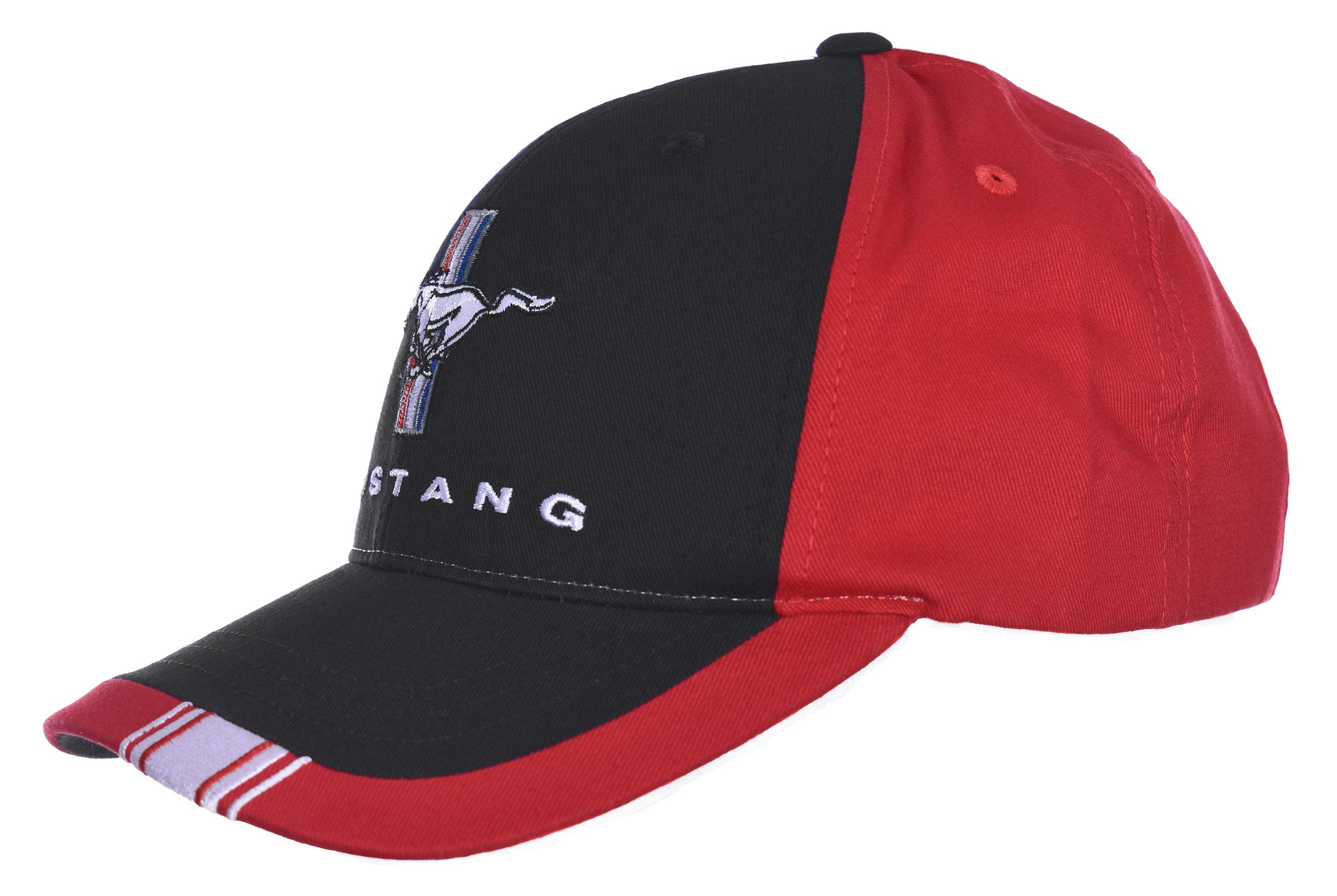 Checkered Flag Men's Ford Mustang Cap Logo Rally Stripe Black & Red Hat