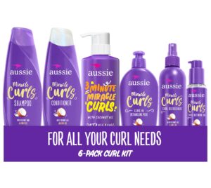 aussie miracle curls set: shampoo, conditioner, deep hydration, spray gel, detangling milk, and oil hair treatment, curl oil, coconut & jojoba, frizz control, 6 pieces