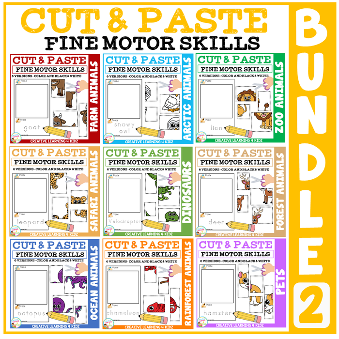 Cut and Paste Fine Motor Skills Puzzle Worksheets: BUNDLE 2