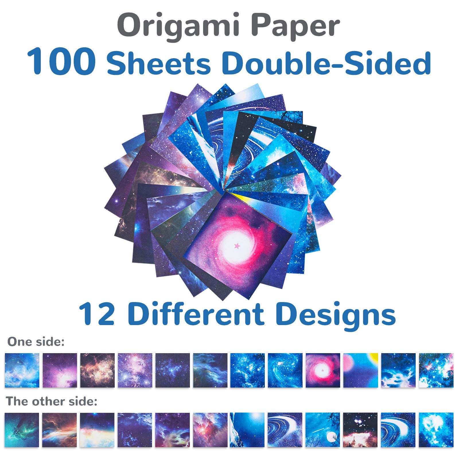 100 Sheets Double Sided Origami Paper for Kids & Grown-ups 6x6 inch, 12 Vibrant Designs of Beautiful Galaxy Outer Space, Easy Folding for Scrapbook Paper Arts Crafts School