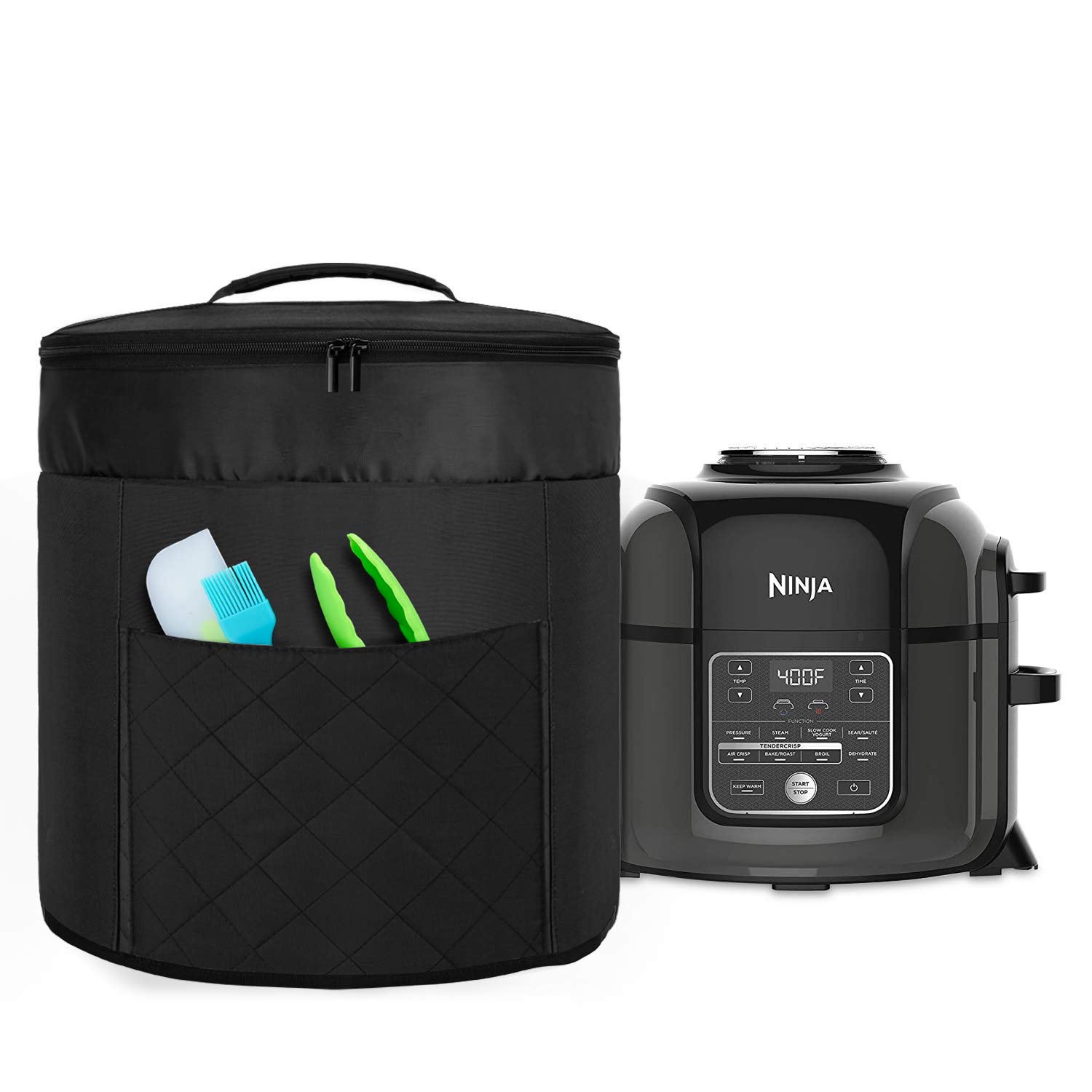 Luxja Pressure Cooker Cover Compatible with 8 Quart Ninja Foodi (with zippered section for lid), Dust Cover for Ninja Pressure Cooker (Wipeable Foil Lining), Black (Quilted Front pocket)