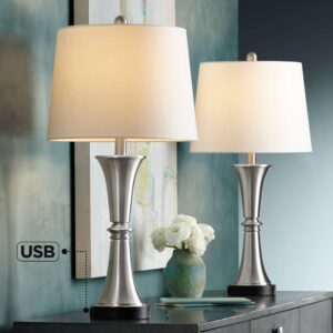 360 Lighting Seymore Modern Table Lamps 26" Tall Set of 2 with USB Charging Port Silver LED Touch On Off White Drum Shade for Bedroom Living Room House Home Desk Bedside Nightstand Office