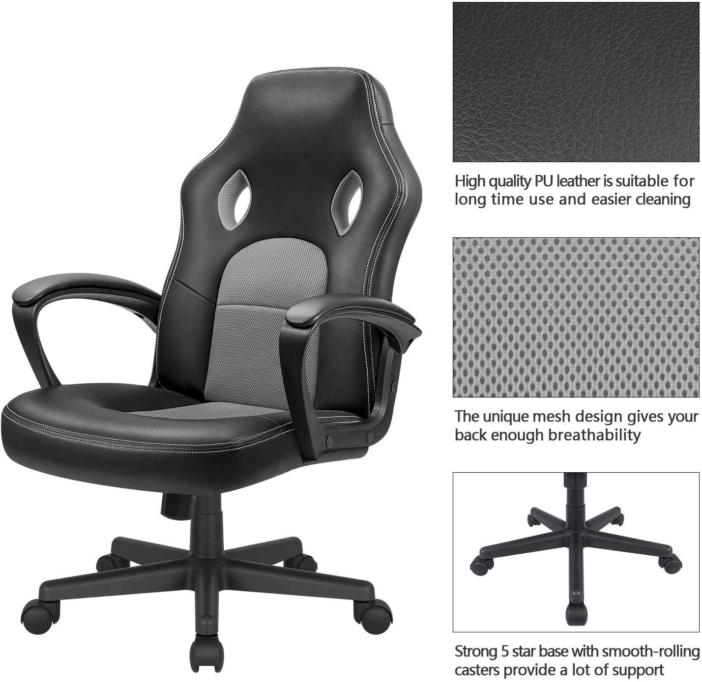 KaiMeng Office Gaming Chair High Back Leather Computer Chairs Ergonomic Height Adjustable Racing Game Desk Chair Executive Conference Task Chair (Grey)