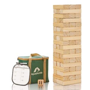 apudarmis 54 pcs tumble timber set [stack to 3ft], pine wooden tumble tower game with dice and scoreboard set - classic block stacking board game for teens children teenagers