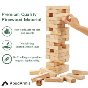 ApudArmis 54 PCS Tumble Timber Set [Stack to 3FT], Pine Wooden Tumble Tower Game with Dice and Scoreboard Set - Classic Block Stacking Board Game for Teens Children Teenagers