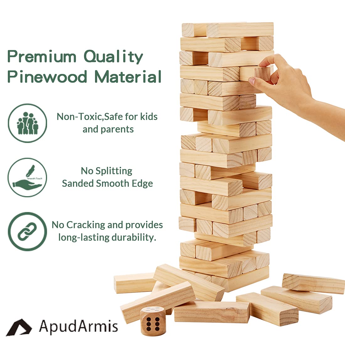 ApudArmis 54 PCS Tumble Timber Set [Stack to 3FT], Pine Wooden Tumble Tower Game with Dice and Scoreboard Set - Classic Block Stacking Board Game for Teens Children Teenagers