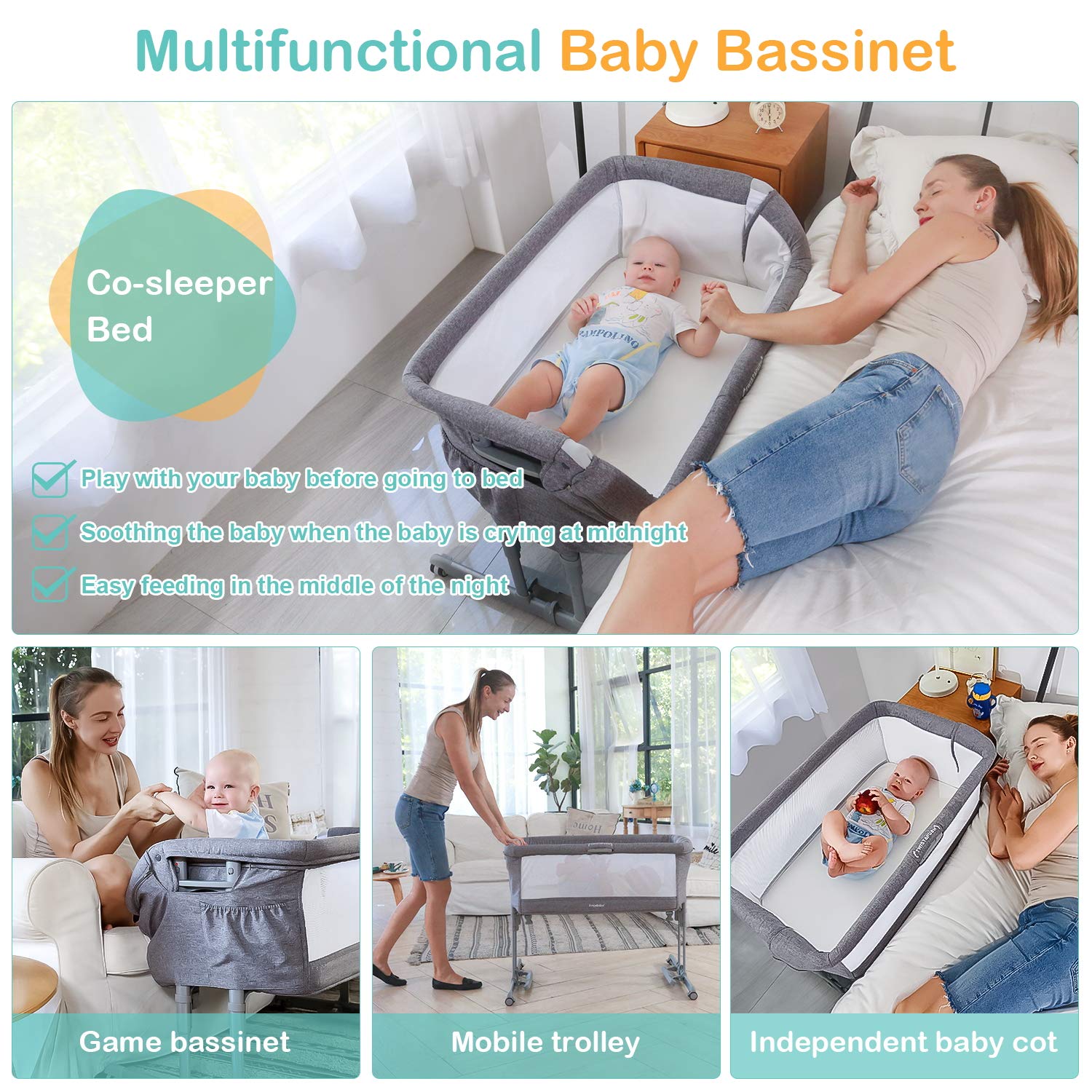 Angelbliss 3 in 1 Baby Bassinet Bedside Sleeper, Rocking Cradle for Baby, Easy Folding Portable Crib with 10 Adjustable Height, Mattress Included