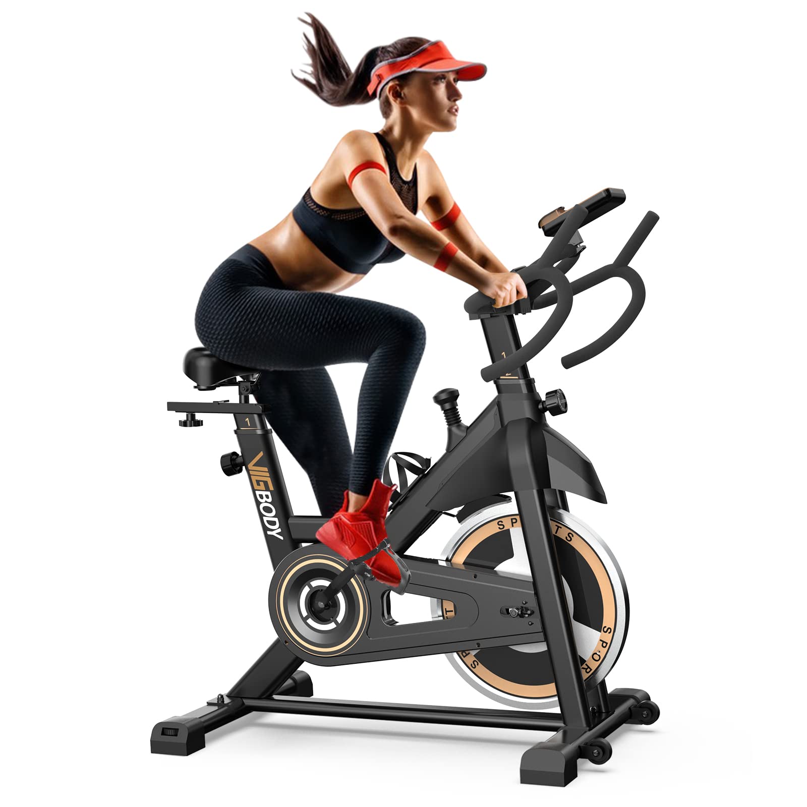 VIGBODY Stationary Exercise Bike Indoor Cycling Bike for Cardio Workout, with Comfortable Seat Cushion, LCD Monitor for Home Training Bike