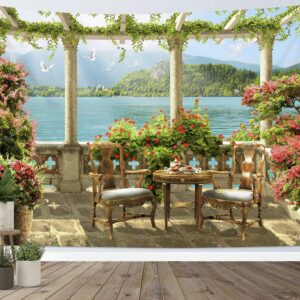 LB Realistic European Palace Garden Tapestry Wall Hanging Balcony Lake Mountain Scene Tapestries Poster Art Bedspread Home Room Decor, 92x 70.5 Inches