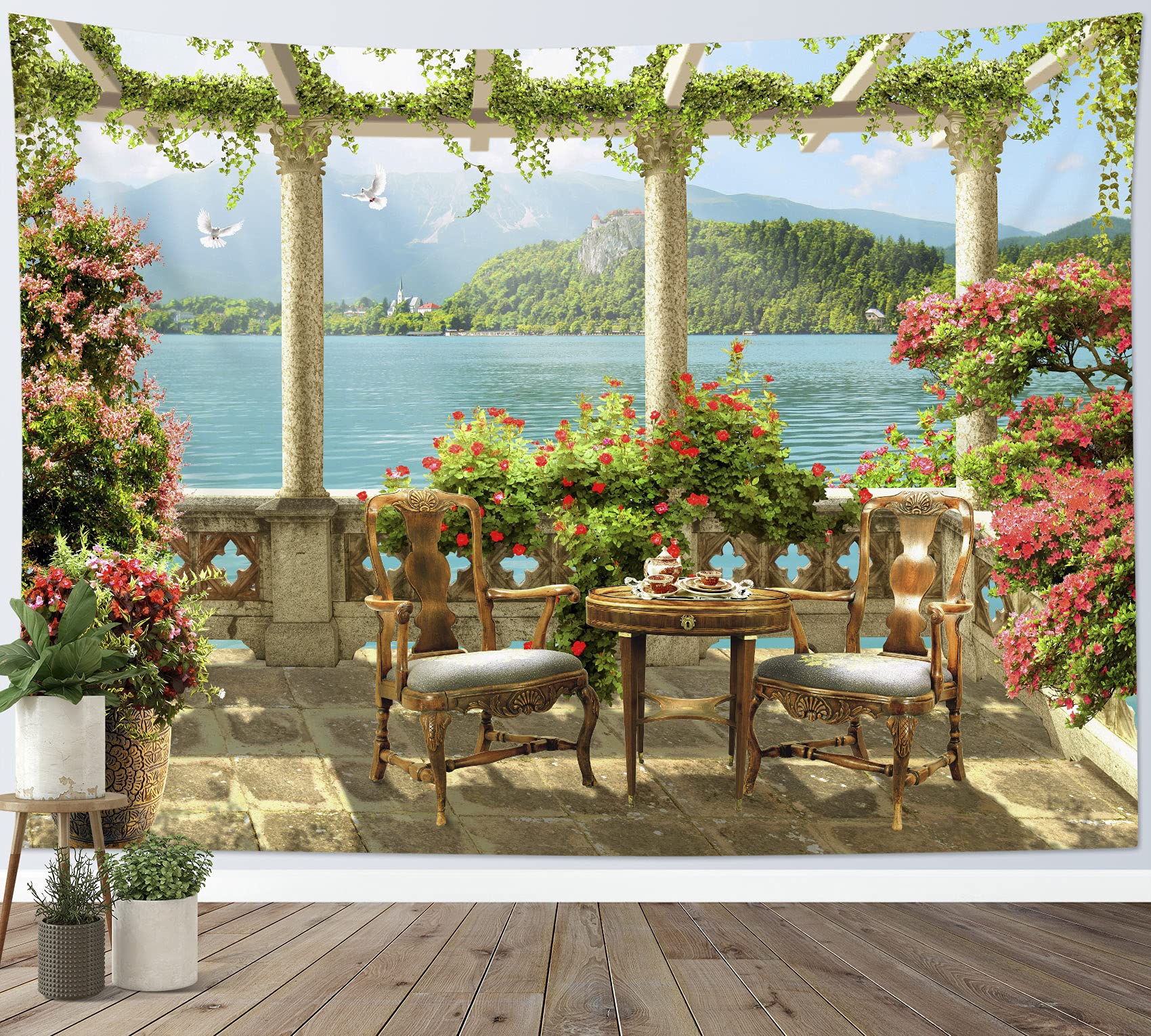 LB Realistic European Palace Garden Tapestry Wall Hanging Balcony Lake Mountain Scene Tapestries Poster Art Bedspread Home Room Decor, 92x 70.5 Inches