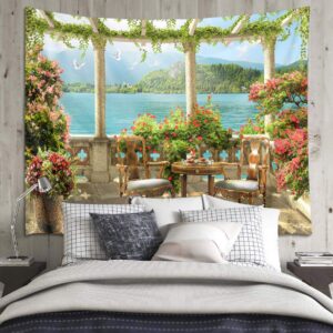 LB Realistic European Palace Garden Tapestry Wall Hanging Balcony Lake Mountain Scene Tapestries Poster Art Bedspread Home Room Decor, 92x 70.5 Inches