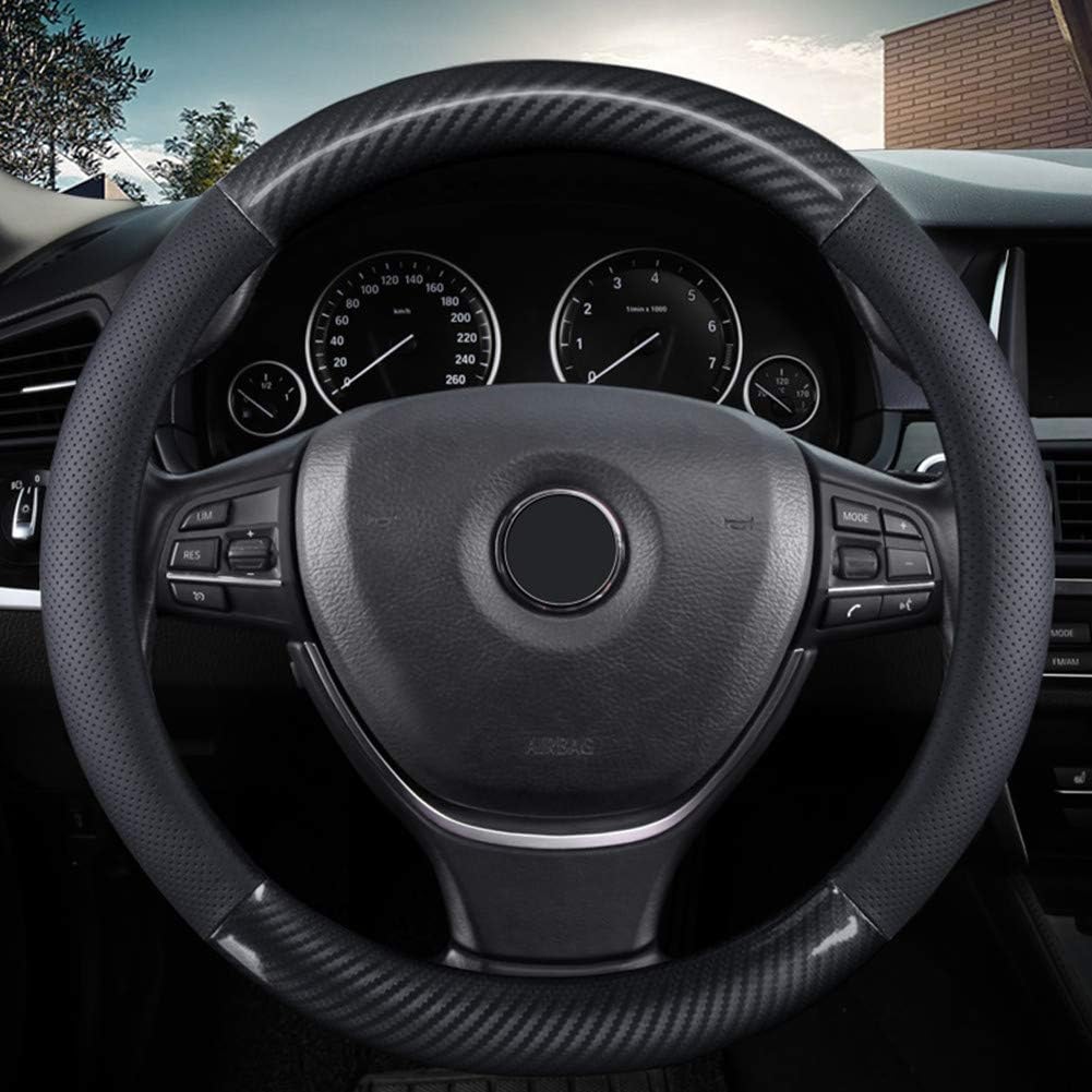 KAFEEK Classic Carbon Fiber Steering Wheel Cover, Universal 15 inch, Breathable Microfiber Leather, Black