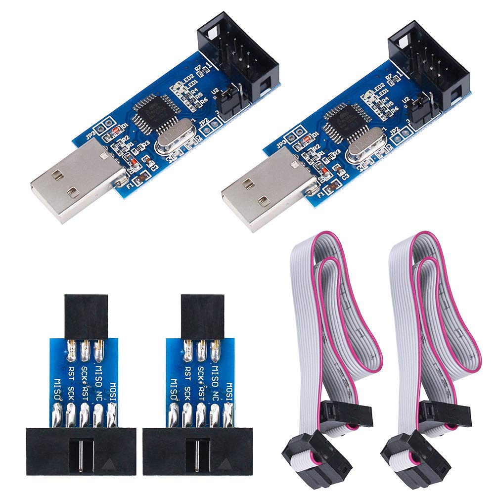 KeeYees 2pcs Downloader Programmer for USBASP for ISP with Cable and 10Pin to 6Pin Adapter Board for 51 for AVR Series Microcontroller