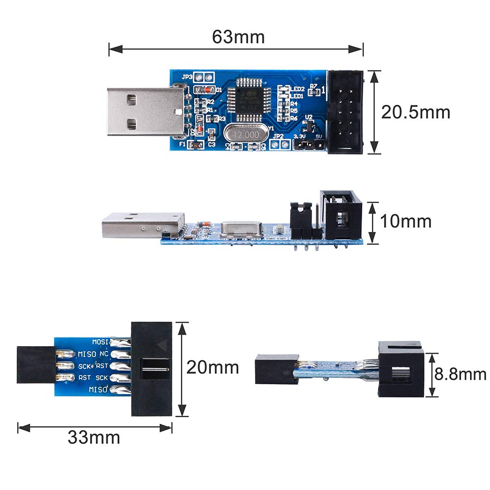 KeeYees 2pcs Downloader Programmer for USBASP for ISP with Cable and 10Pin to 6Pin Adapter Board for 51 for AVR Series Microcontroller