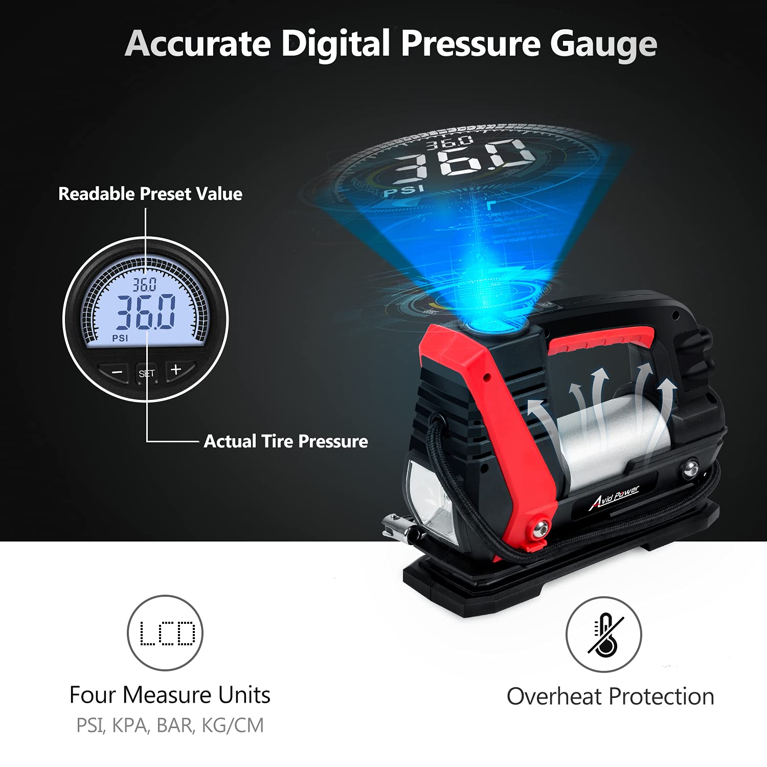 Avid Power Tire Inflator Air Compressor, 12V DC Car Tire Pump with LED Light, Digital LCD Display, Auto Shut Off