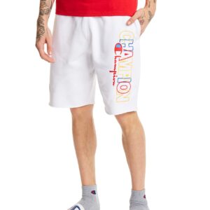 Champion Men's 10 Inch Reverse Weave Cut-Off Shorts, Block Logo, White, Medium