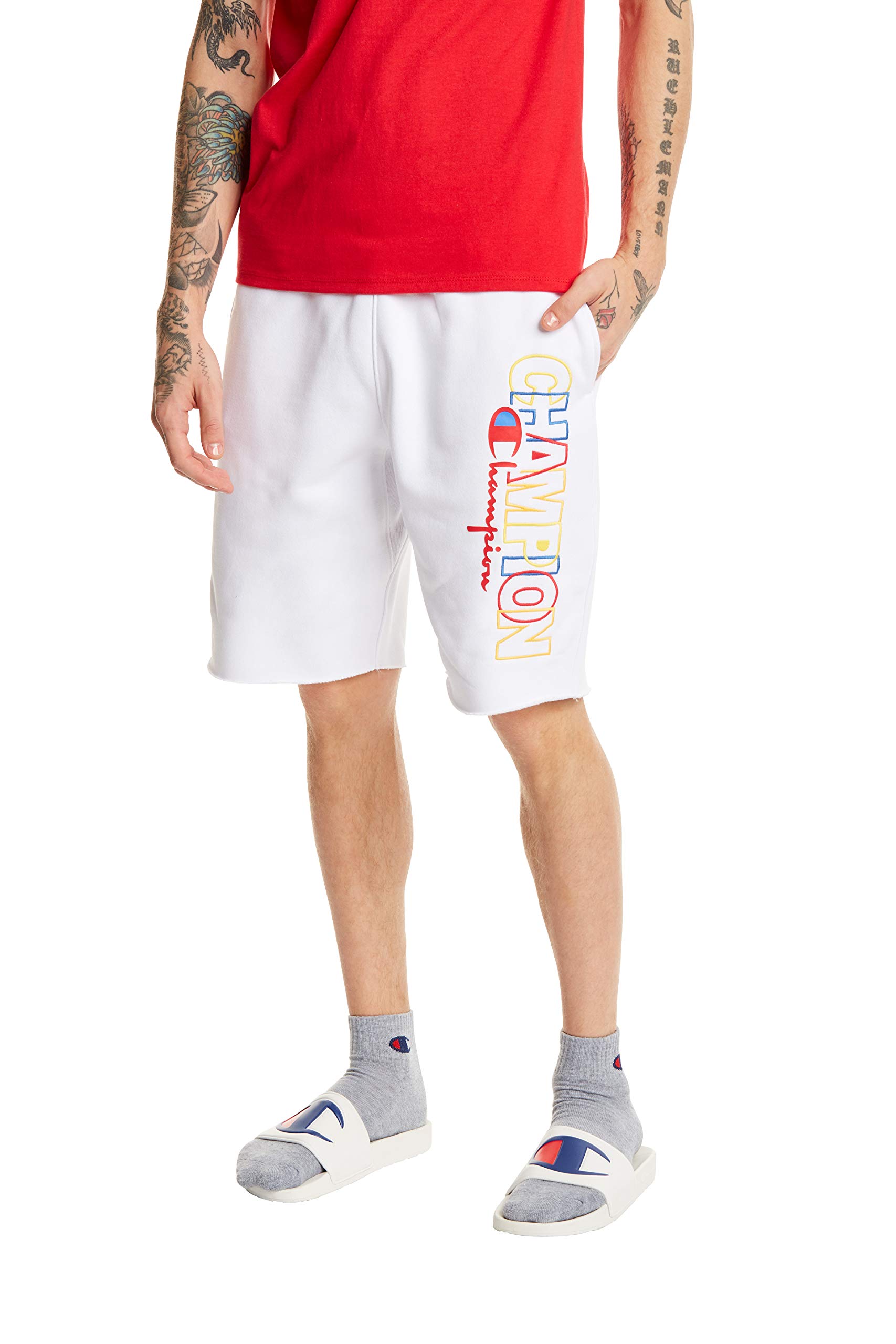 Champion Men's 10 Inch Reverse Weave Cut-Off Shorts, Block Logo, White, Medium