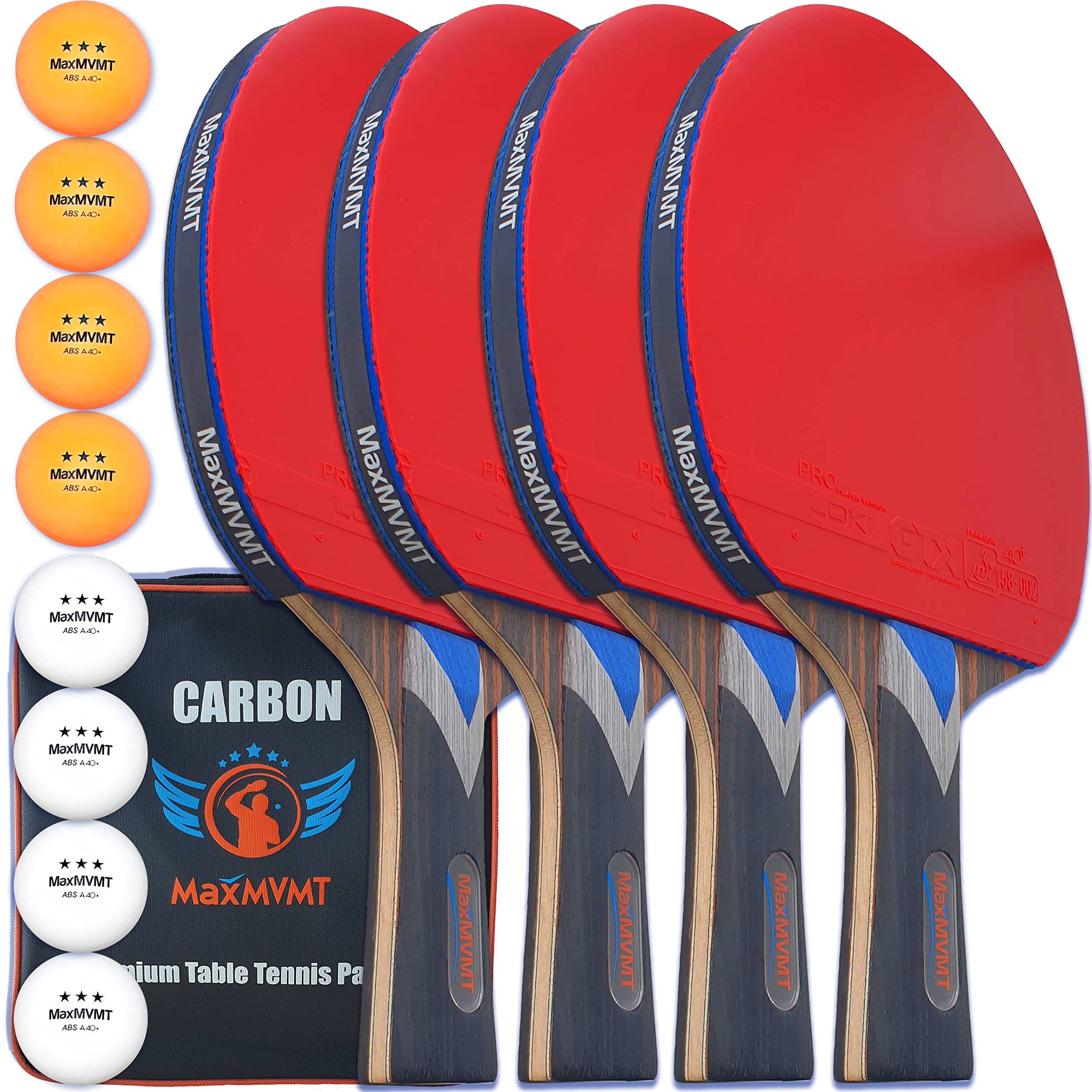 MaxMVMT Ping Pong Paddle Set of 4 - Carbon Fiber 7 Ply Rackets - 2 Wristbands - 8 Balls - 1 Rubber Cleaner Sponge - Premium ITTF Approved Rubber - Complete 4 Player Table Tennis Setup - Carry Case