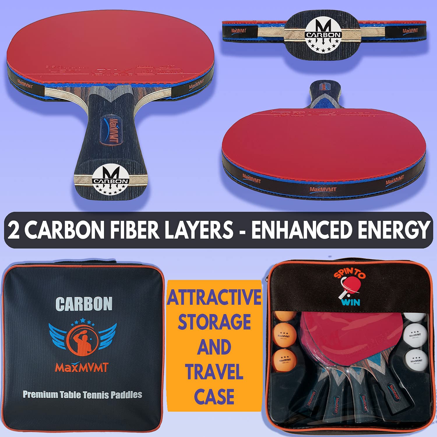 MaxMVMT Ping Pong Paddle Set of 4 - Carbon Fiber 7 Ply Rackets - 2 Wristbands - 8 Balls - 1 Rubber Cleaner Sponge - Premium ITTF Approved Rubber - Complete 4 Player Table Tennis Setup - Carry Case