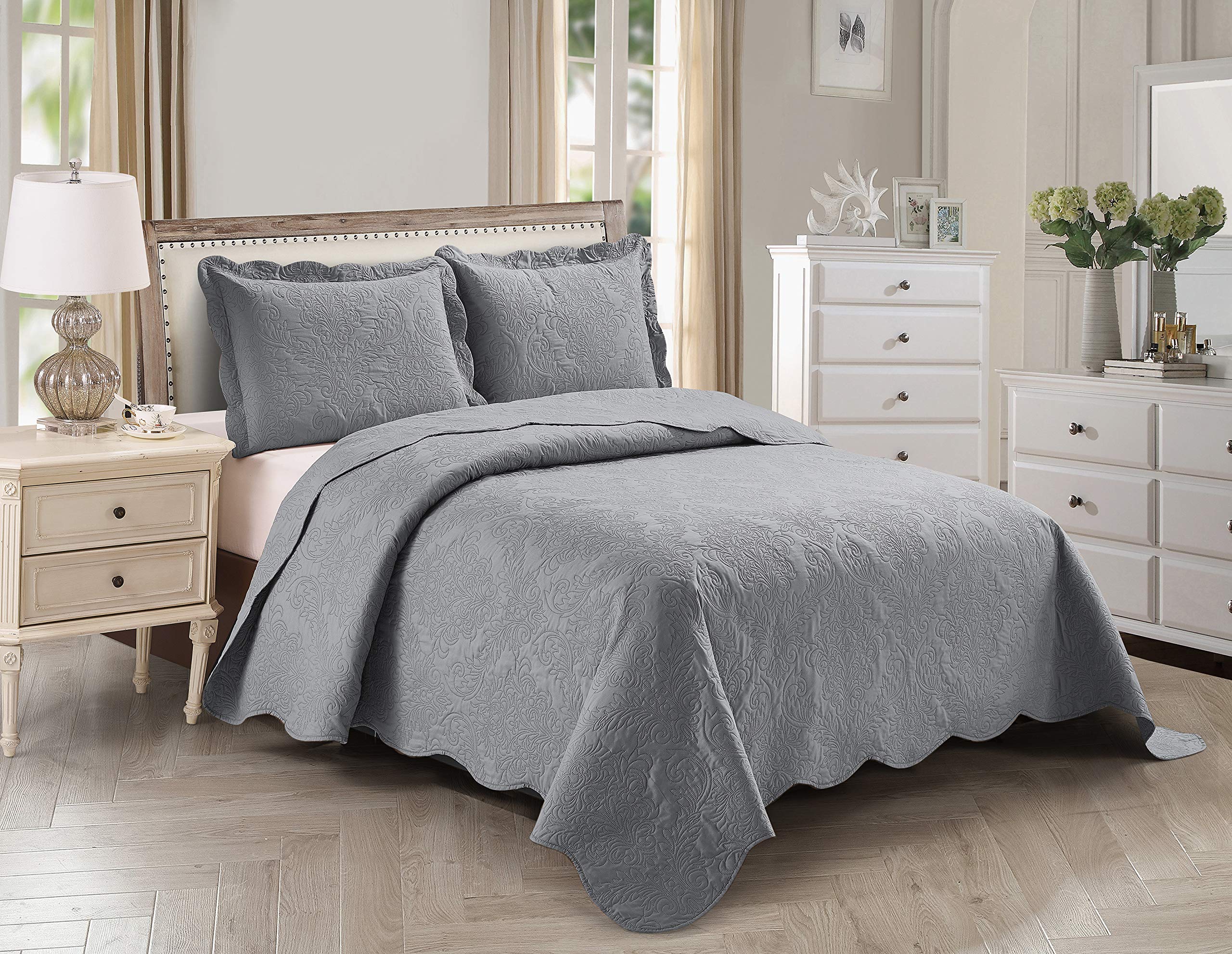 Home Collection Over Size Elegant Embossed Bedspread Set Light Weight Solid Color New (Light Grey, King/Cal King)