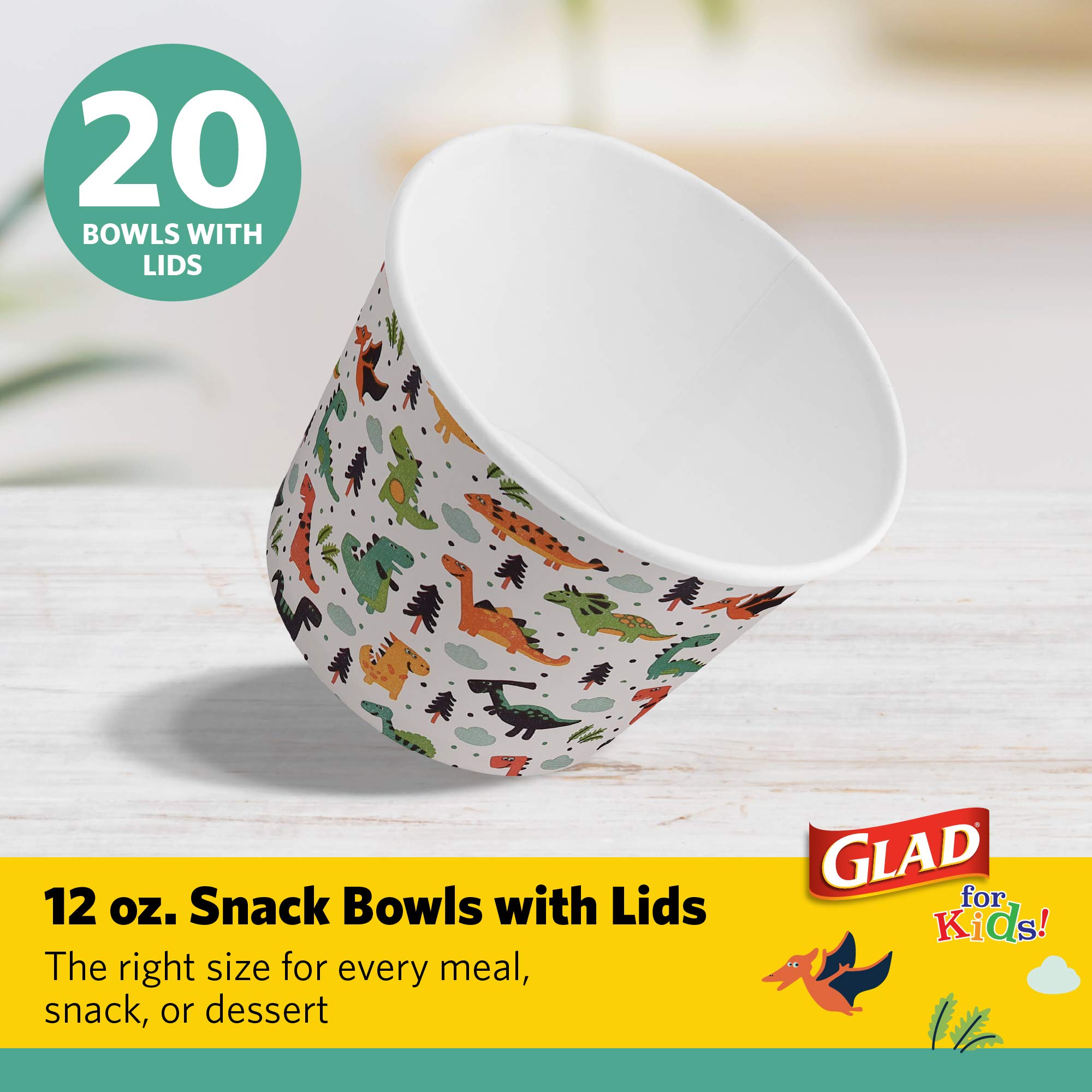 Glad for Kids Dinosaur Party Supplies - Heavy Duty Disposable Paper Snack Bowls with Lids, Perfect for Birthday Parties, Colorful Party Plates. Great for Dessert, 12 Ounce - 20 Count