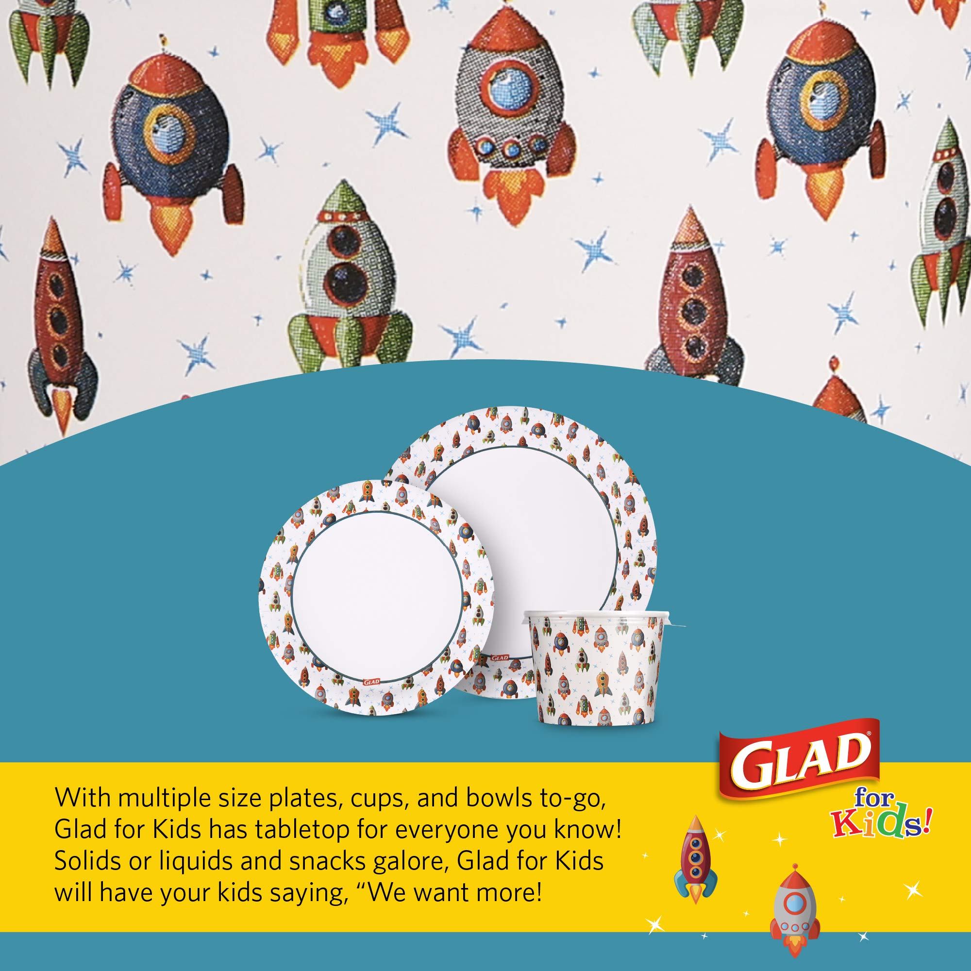 Glad for Kids Rocket Ship 12 Fl Oz Paper Snack Bowls with Lids, 20 Count | Disposable Snack Cups with Lids | Heavy Duty Disposable Soak Proof Microwavable Paper Bowls for Soup, Ice Cream