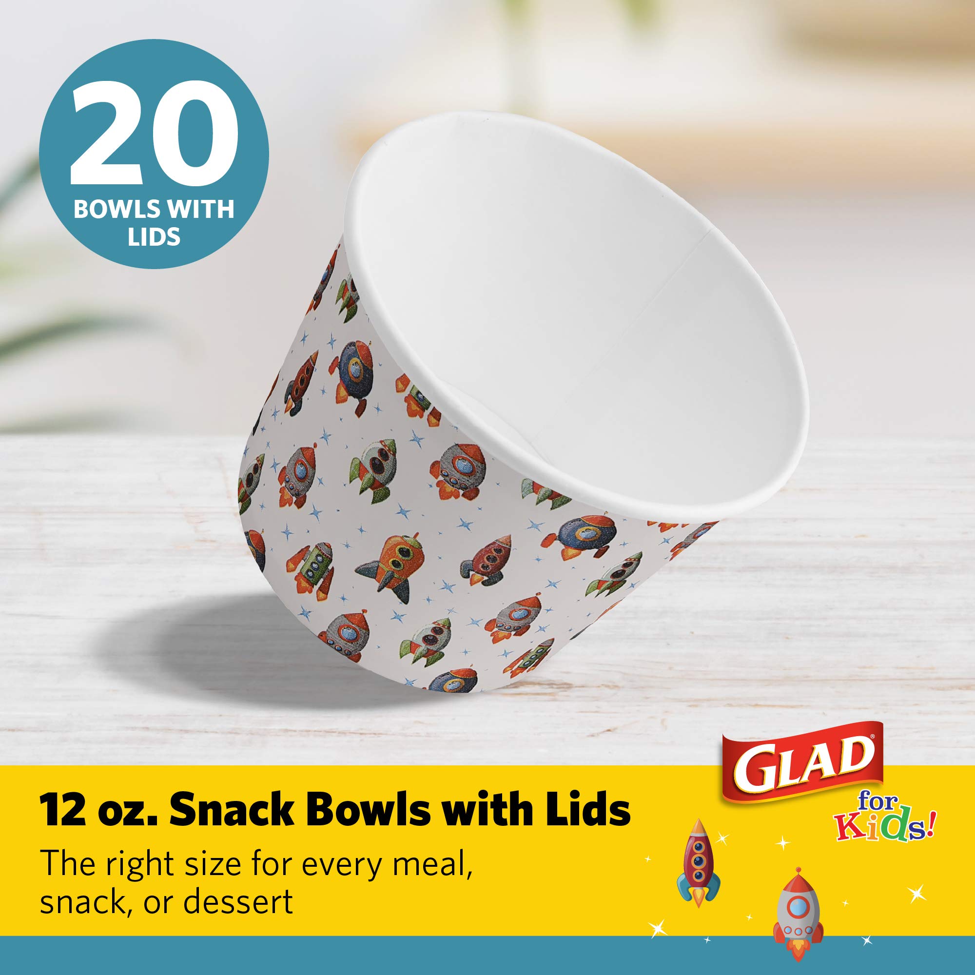 Glad for Kids Rocket Ship 12 Fl Oz Paper Snack Bowls with Lids, 20 Count | Disposable Snack Cups with Lids | Heavy Duty Disposable Soak Proof Microwavable Paper Bowls for Soup, Ice Cream