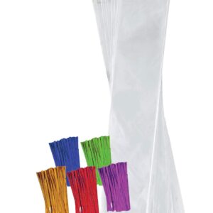 Purple Q Crafts Clear Plastic Cellophane Bags with 4" Colored Twist Ties for Gifts Party Favors (2"x10" 100 Pack)