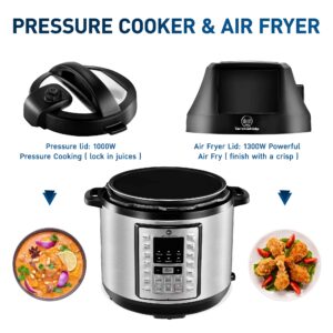 6.5Qt Pressure Cooker and Air Fryer Combos, 21-in-1 Programmable Pressure Pot with Detachable Pressure & Crisp Lid, LED Digital Touchscreen, 3Qt Air Fry Basket,Free Recipe Book, 1500W