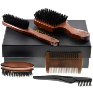 murai beard kit for men gift set mens beard grooming kit - military paddle hair brush, large handle beard brush, pocket sized oval beard brush, wood beard comb, and hairbrush cleaner (beard kit, soft)