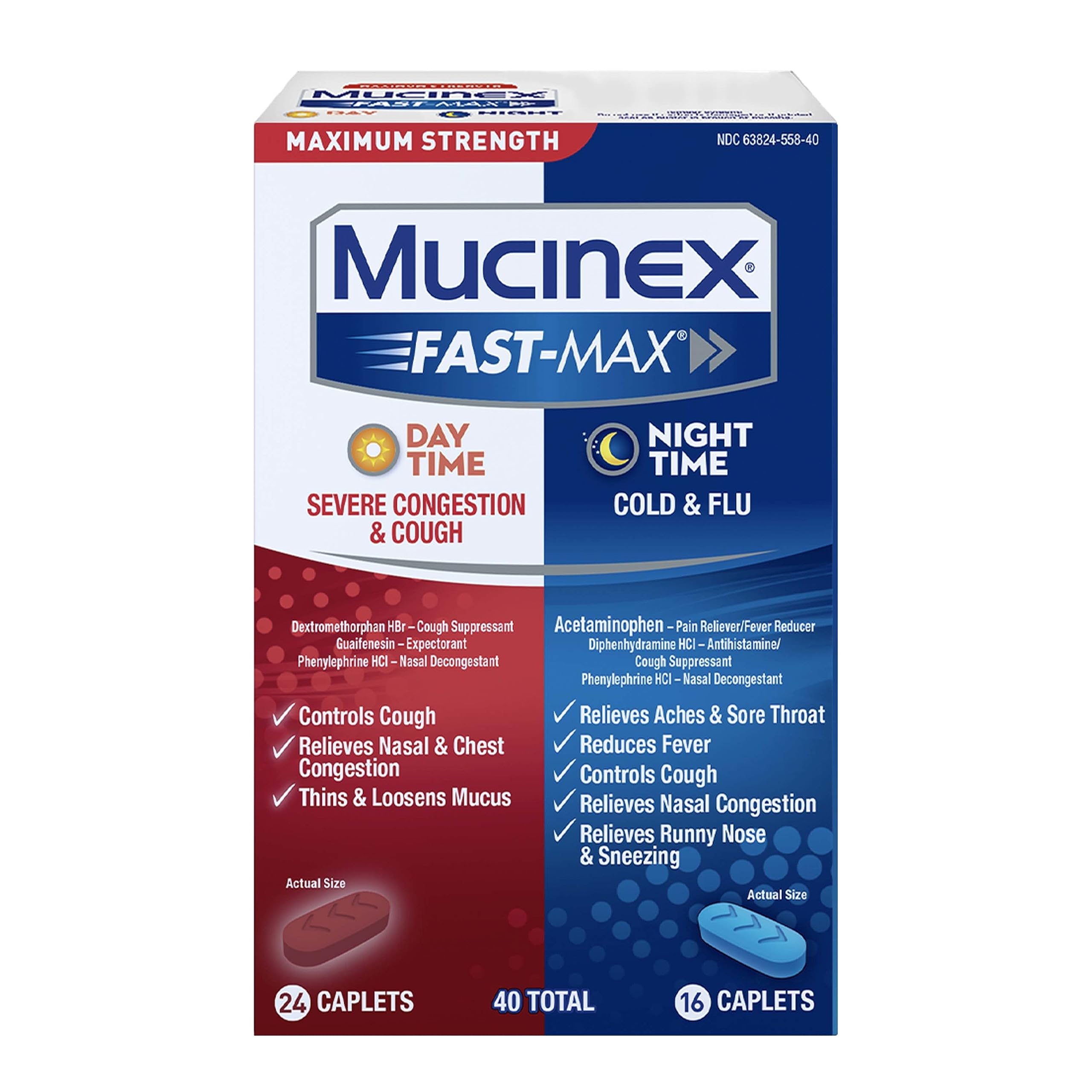 Mucinex Maximum Strength Fast-Max Caplets, Cold & Flu Multi Symptom Relief Caplets, 40 Count