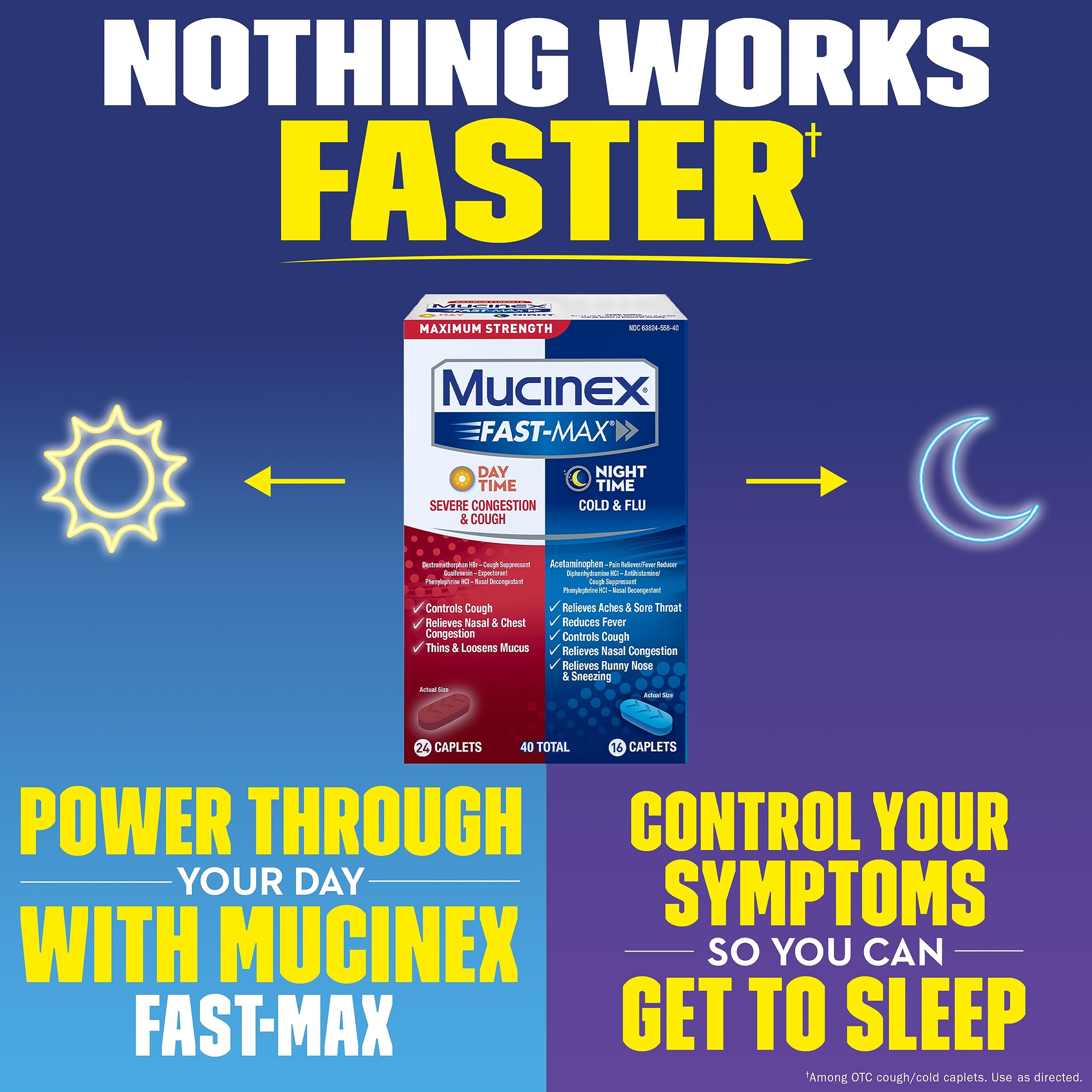 Mucinex Maximum Strength Fast-Max Caplets, Cold & Flu Multi Symptom Relief Caplets, 40 Count