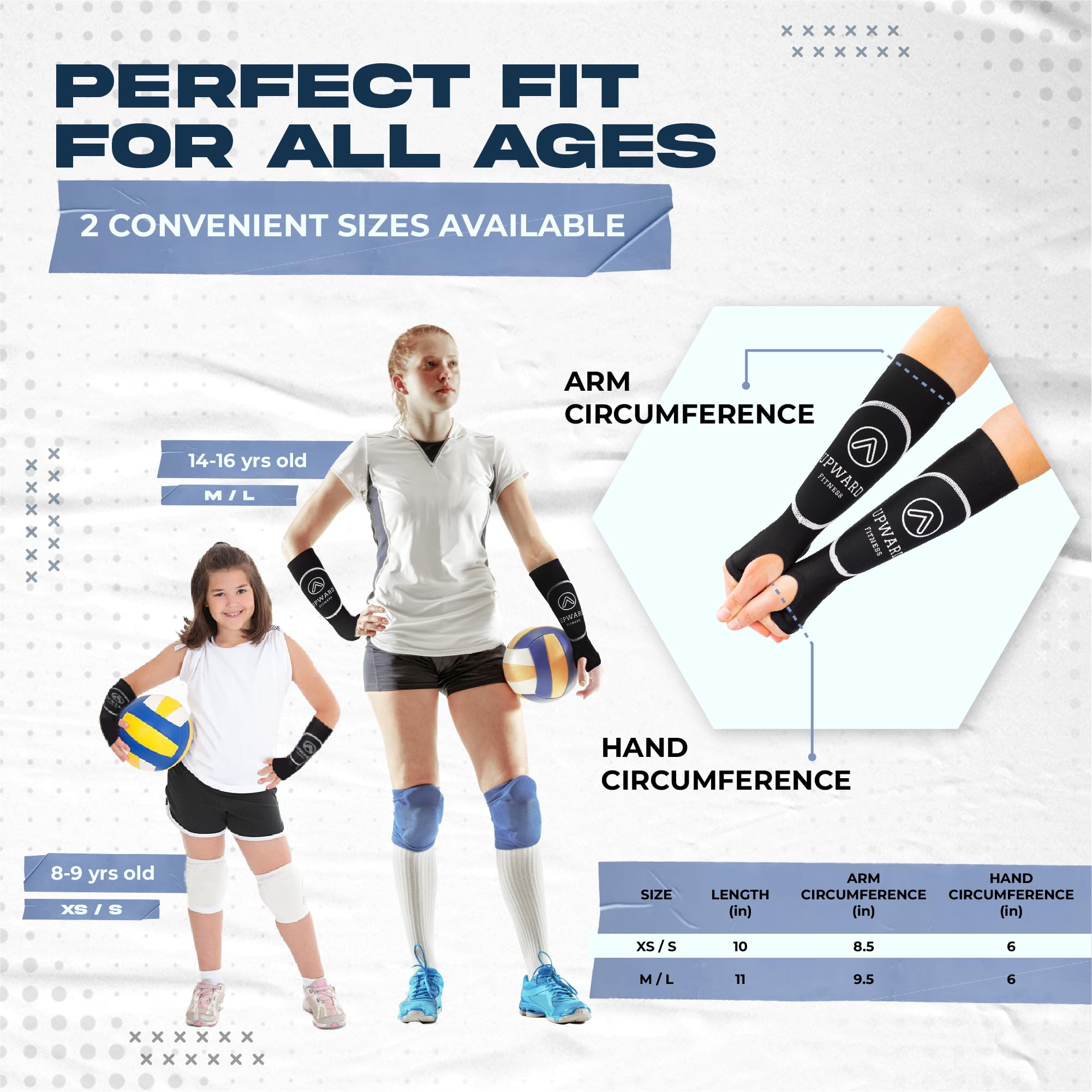 Upward Fitness-Volleyball Padded Passing Sleeves, Arm and Wrist Protection With Thumbhole, Carrying Bag and Headband Included, for Girls and Boys (XS/S Black)