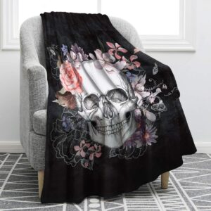 jekeno skull blanket gifts for women men, rose skull throw blankets for adult kids, halloween christmas birthday valentine's day gothic decor gifts for home bed couch