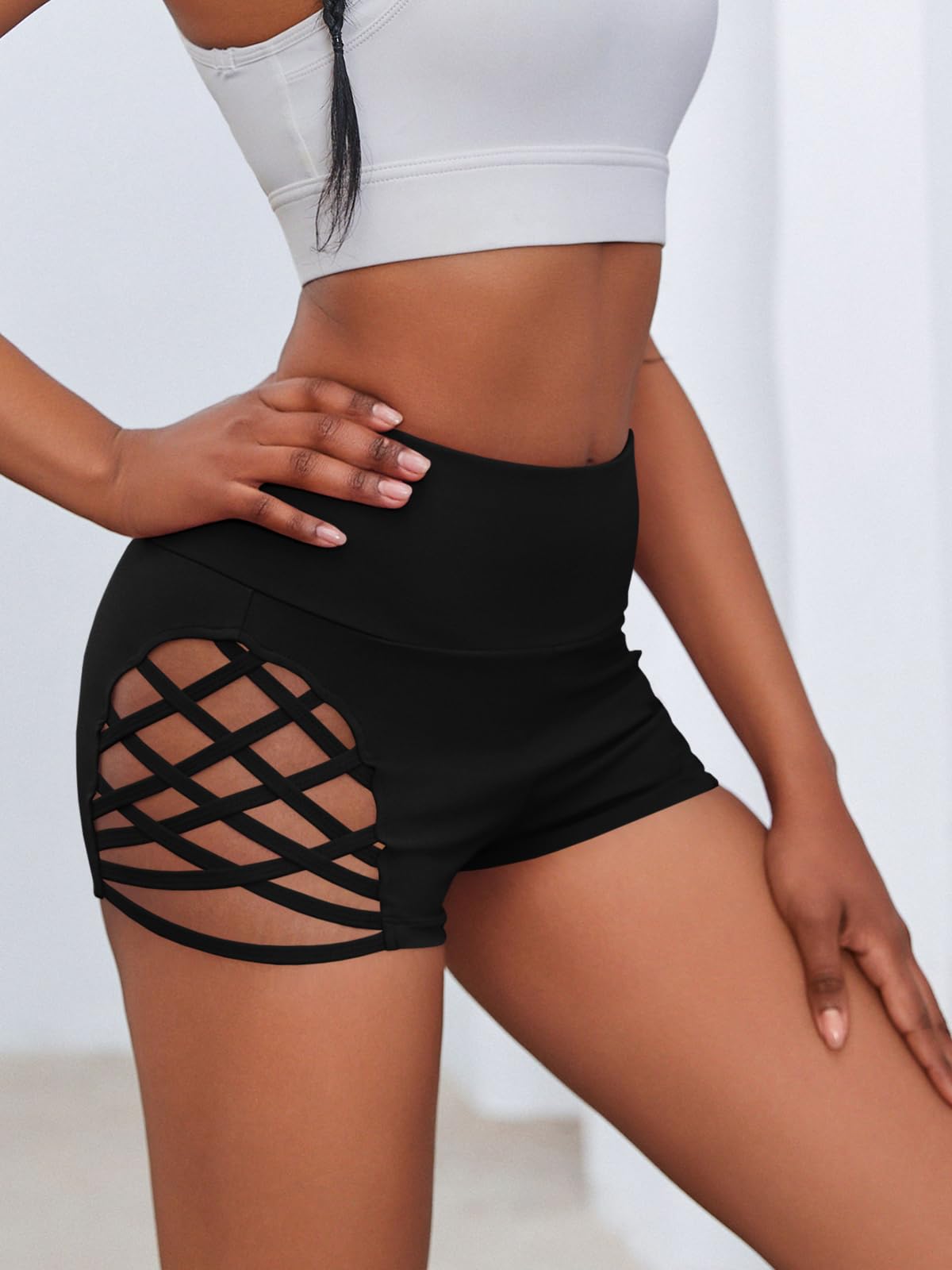 Aurgelmir Women's Workout Yaga Shorts High Waist Tummy Control Criss Cross Athletic Sports Booty Short Leggings Black