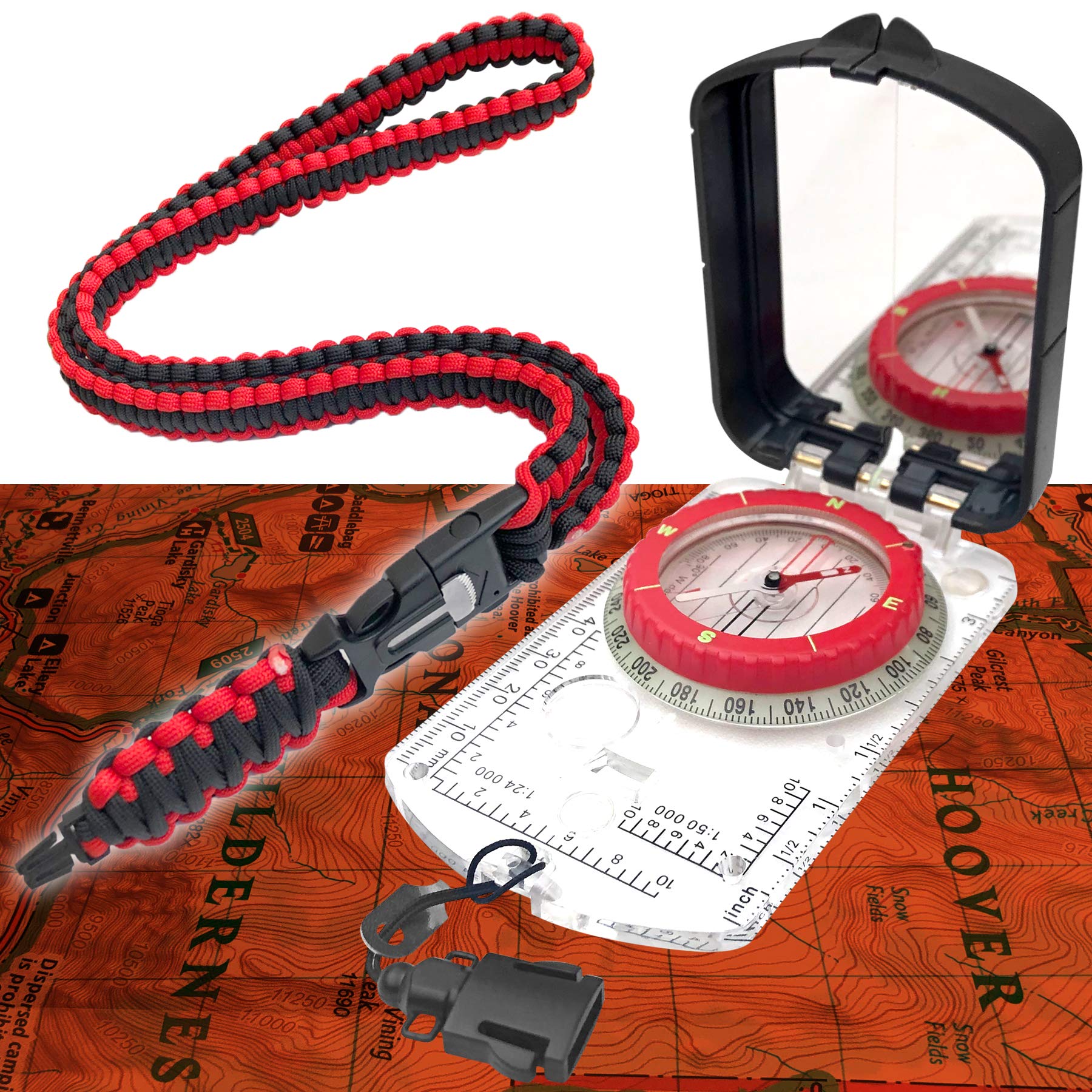 PREPARED4X Hiking Compass Survival – Mirror Sighting Map Orienteering Compass – with 35-Ft 550 Survival Paracord Lanyard, Fire Starter, Whistle, Fishing Line, Tinder Cord