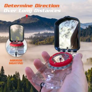 PREPARED4X Hiking Compass Survival – Mirror Sighting Map Orienteering Compass – with 35-Ft 550 Survival Paracord Lanyard, Fire Starter, Whistle, Fishing Line, Tinder Cord