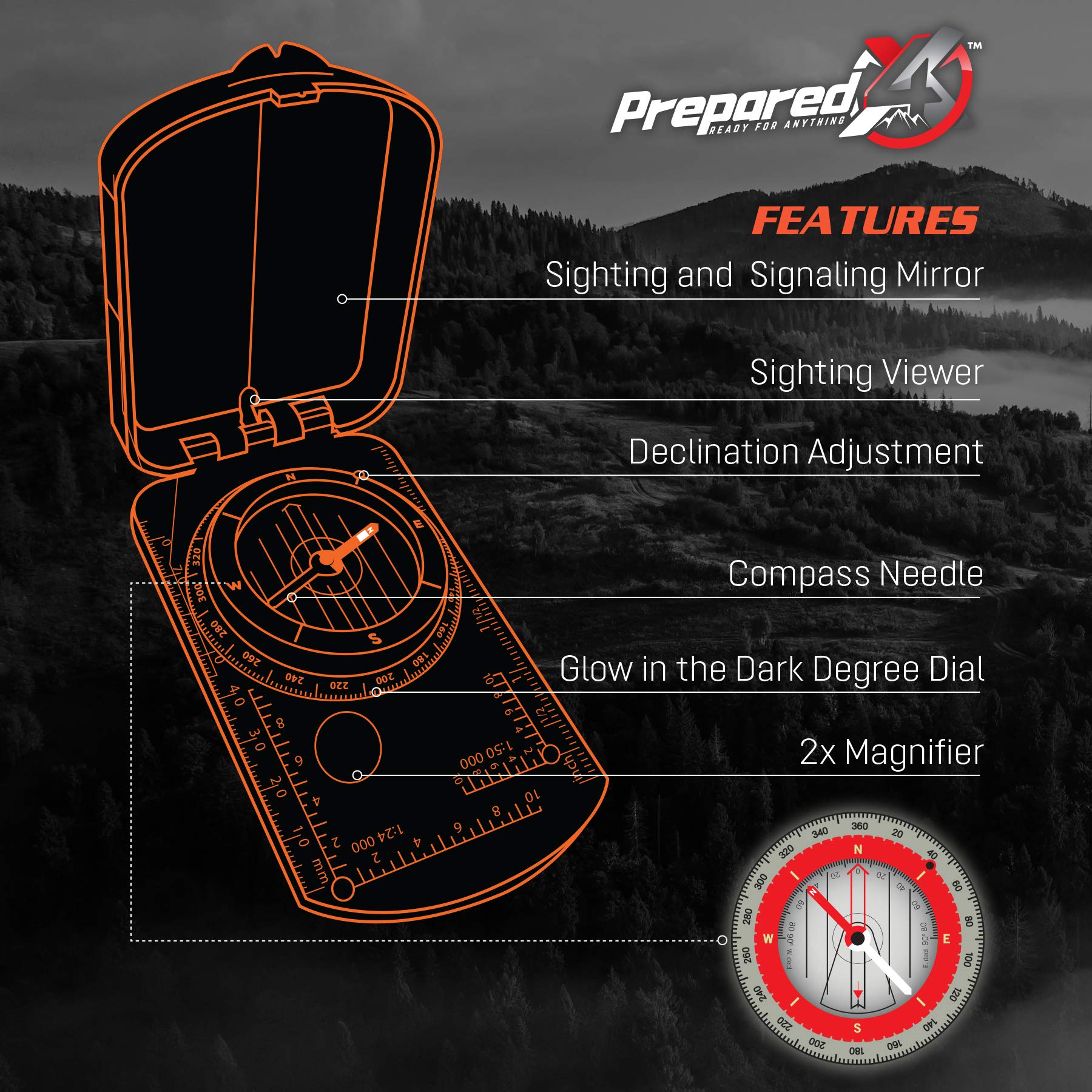 PREPARED4X Hiking Compass Survival – Mirror Sighting Map Orienteering Compass – with 35-Ft 550 Survival Paracord Lanyard, Fire Starter, Whistle, Fishing Line, Tinder Cord