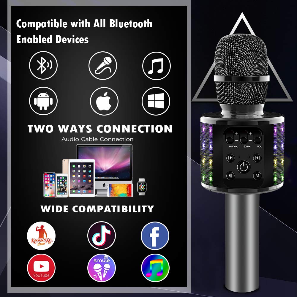 weird tails Bluetooth Karaoke Wireless Microphone with Dual Sing, LED Lights, Portable Handheld Mic Speaker Machine for iPhone/Android/PC/Outdoor/Birthday/Party (Gray)